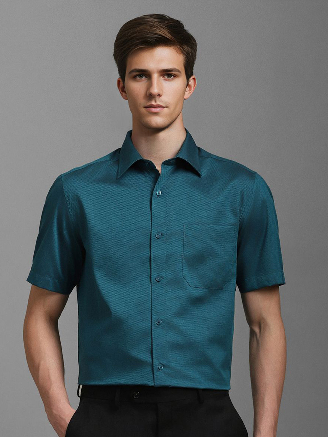 Buy Louis Philippe Men Classic Spread Collar Textured Cotton Formal ...