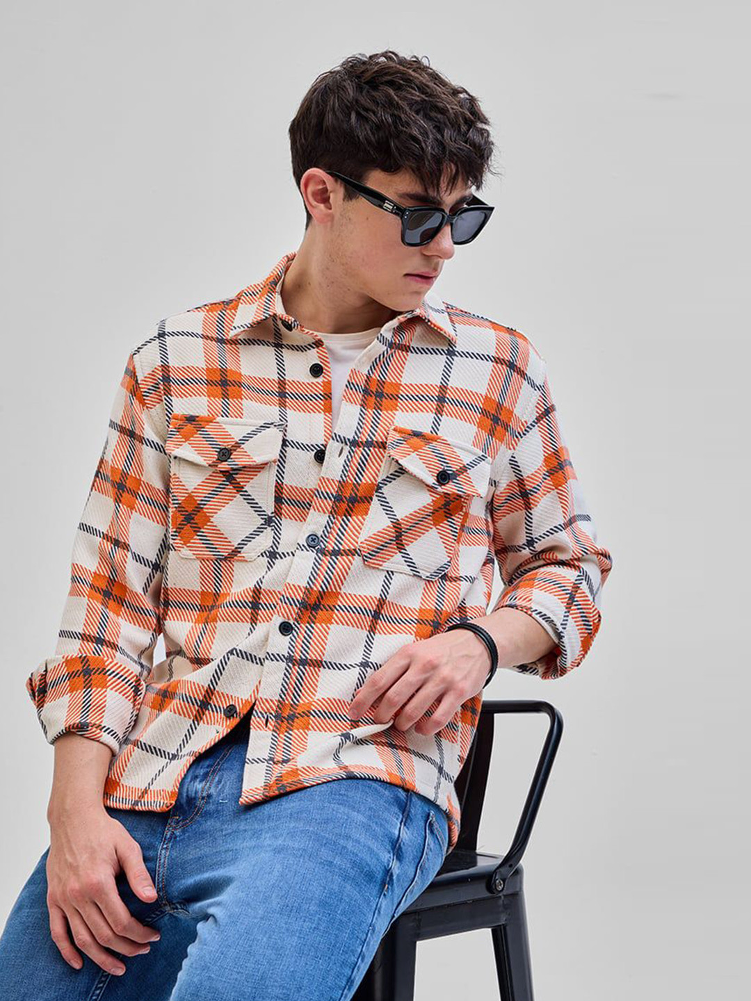 Buy Snitch Smart Spread Collar Tartan Checked Cotton Shacket - Shackets ...