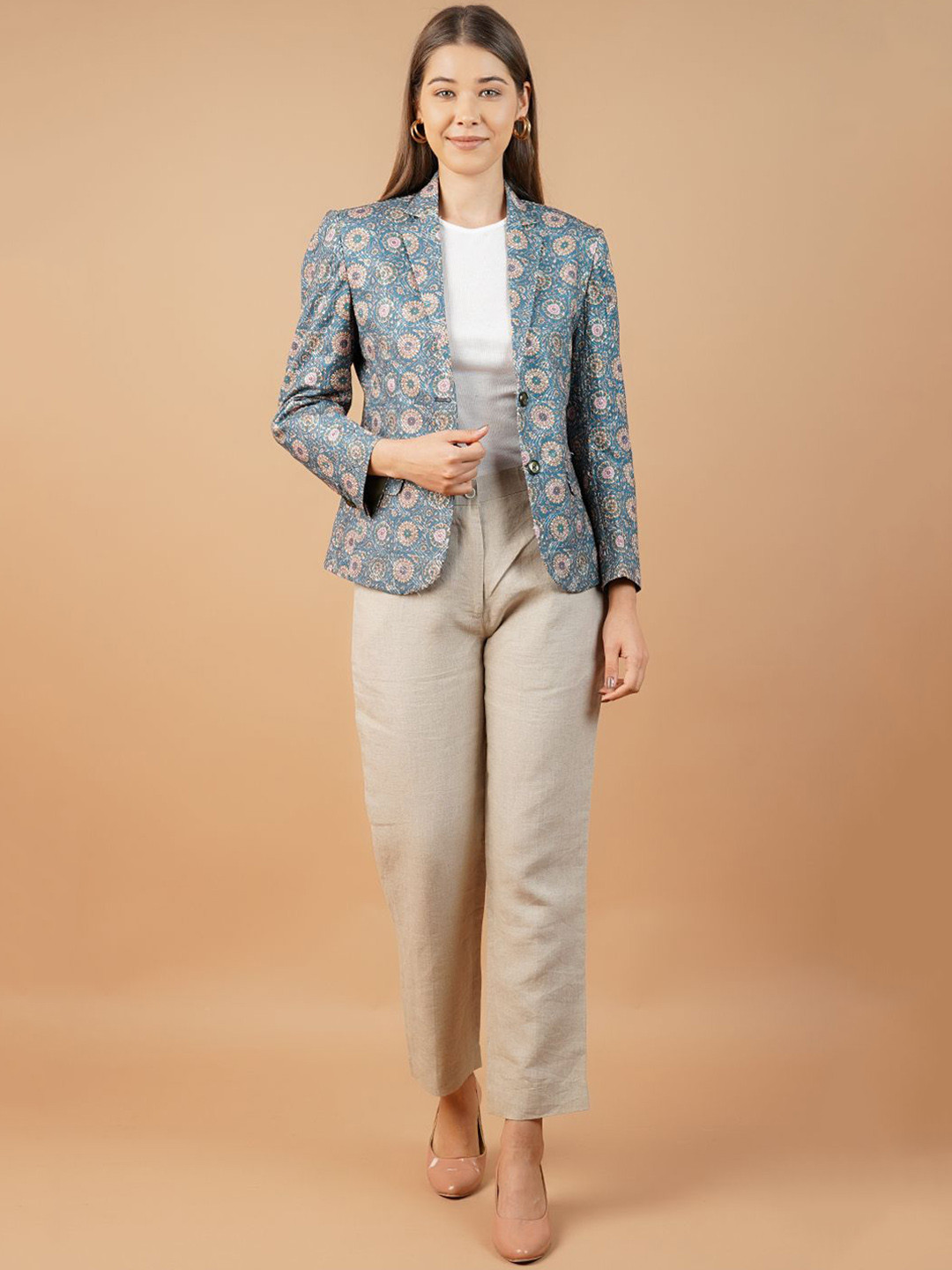 Buy INDOPHILIA Floral Printed Notched Lapel Collar Single Breasted ...