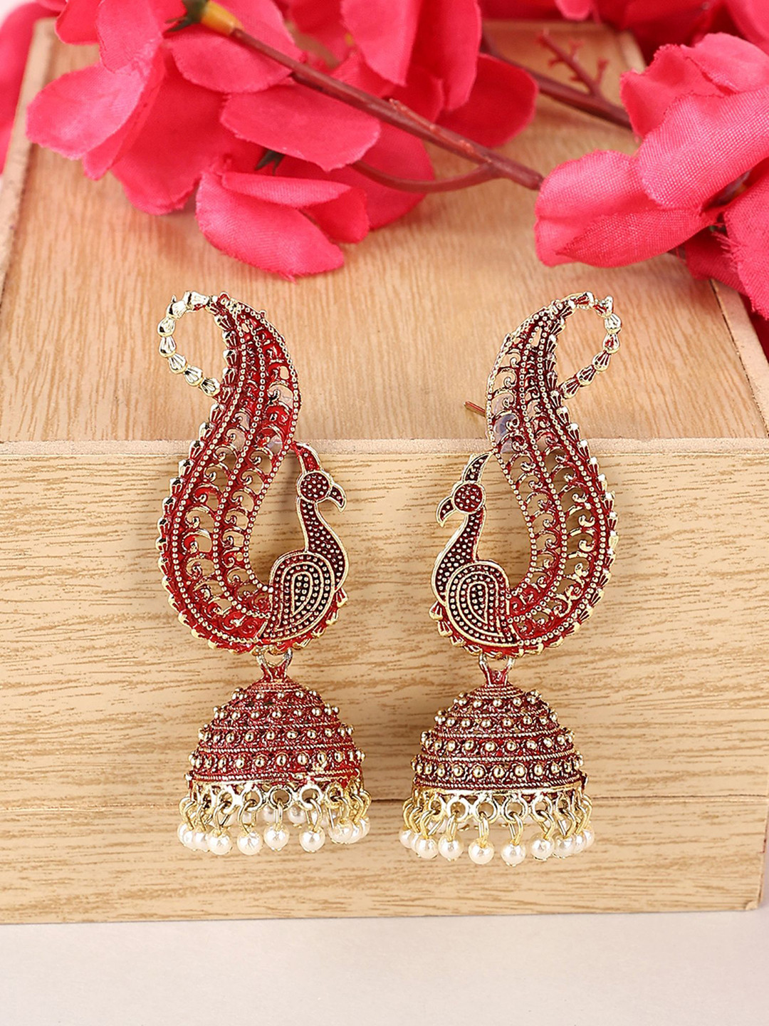 Buy Anouk Gold Plated Beaded Peacock Shaped Jhumkas - Earrings for ...