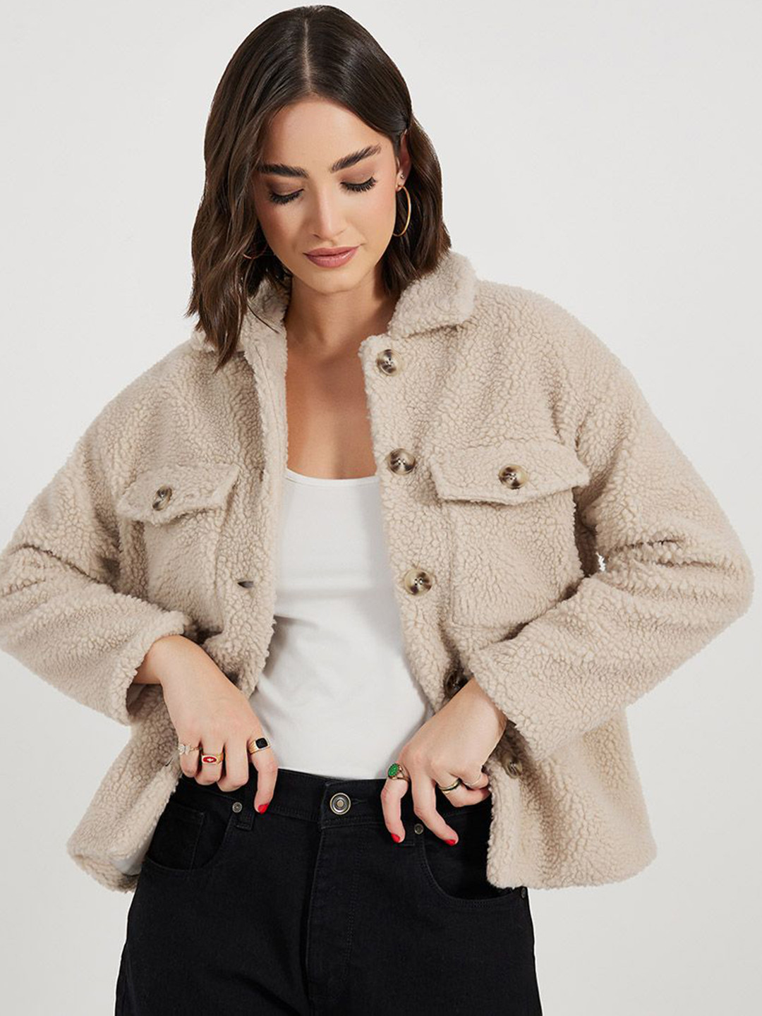 Buy Styli Women Regular Fit Regular Length Faux Fur Shacket - Jackets ...