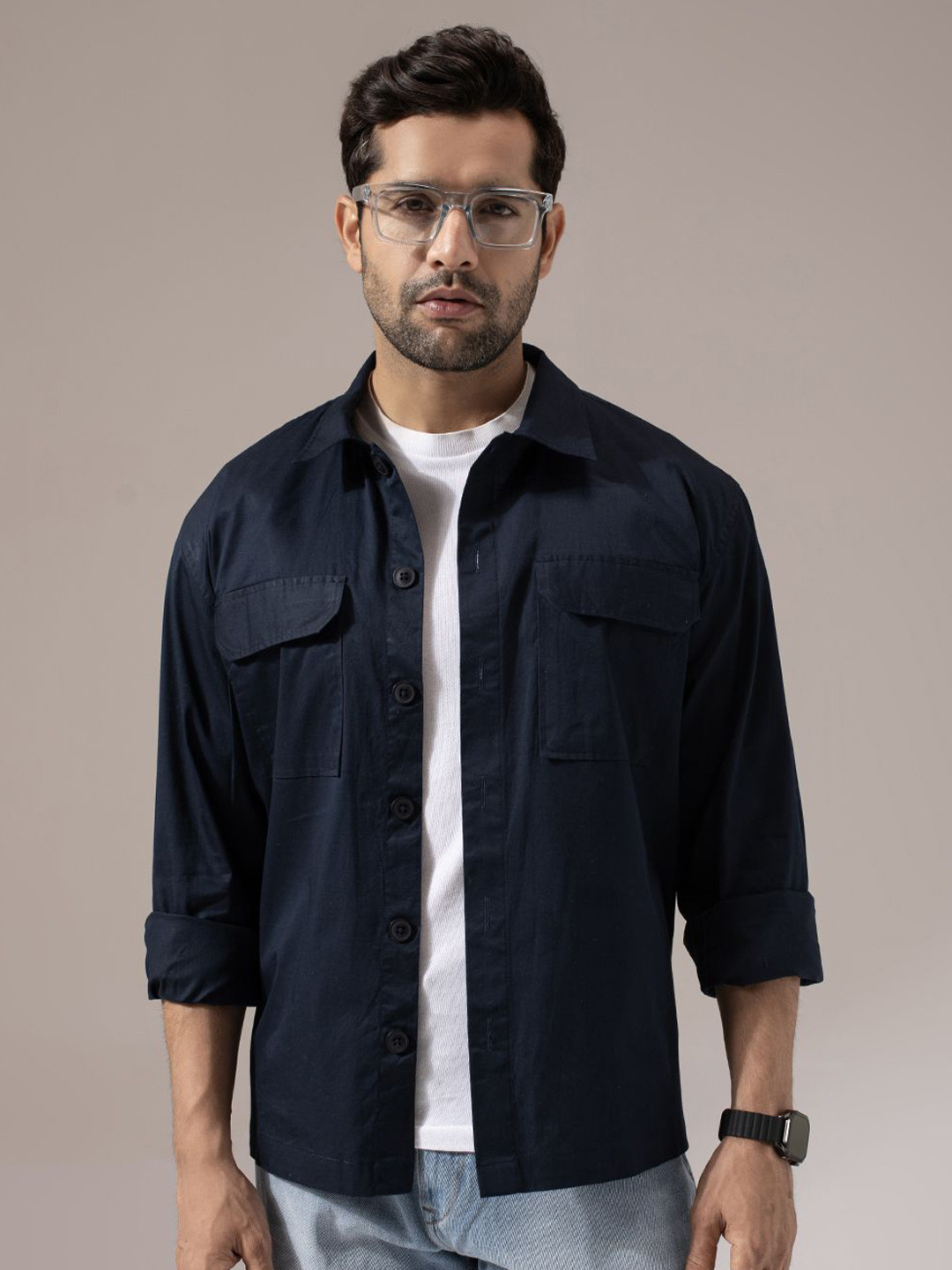 Buy Perch Men Navy Blue Solid Two Pocket Shacket - Shackets for Men ...