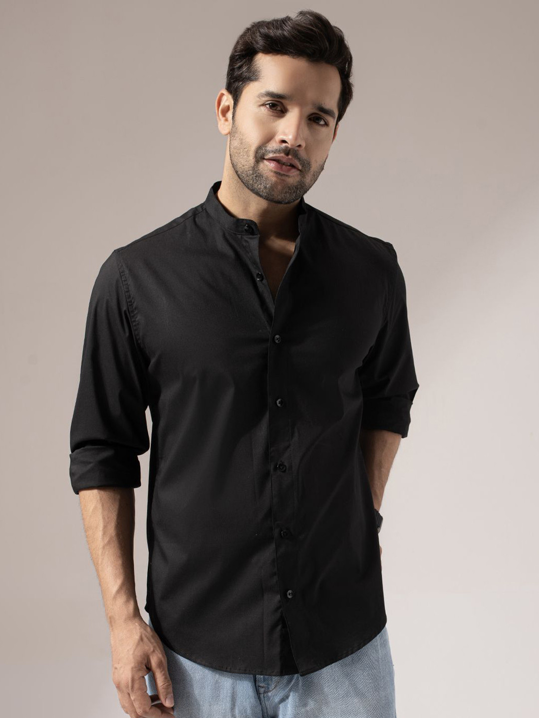 Buy Perch Men Black Color Band Collar Solid Cotton Shirt - Shirts for ...