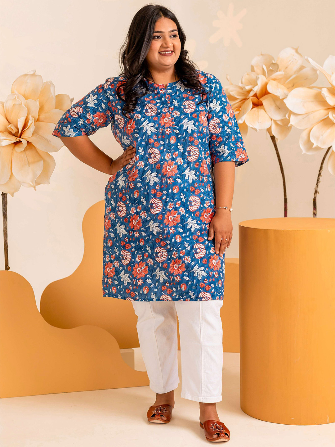 Buy LALI JAIPUR Women Floral Printed Cotton Round Neck Three Quarter ...