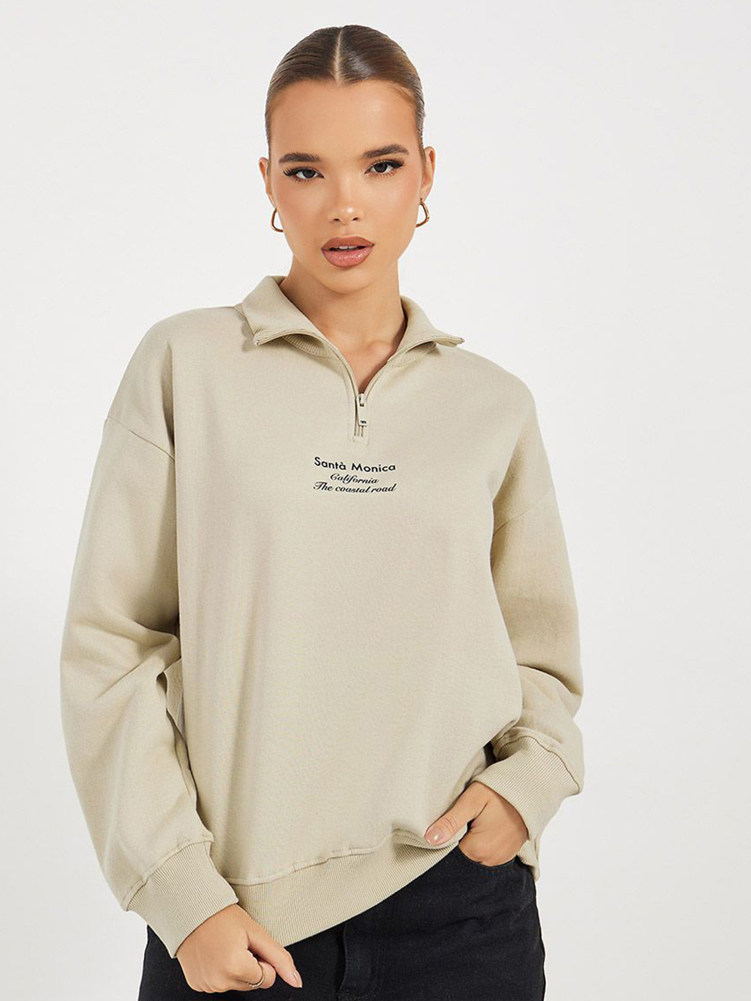 Buy Styli Women Regular Fit Regular Length Half Zip Slogan Print ...