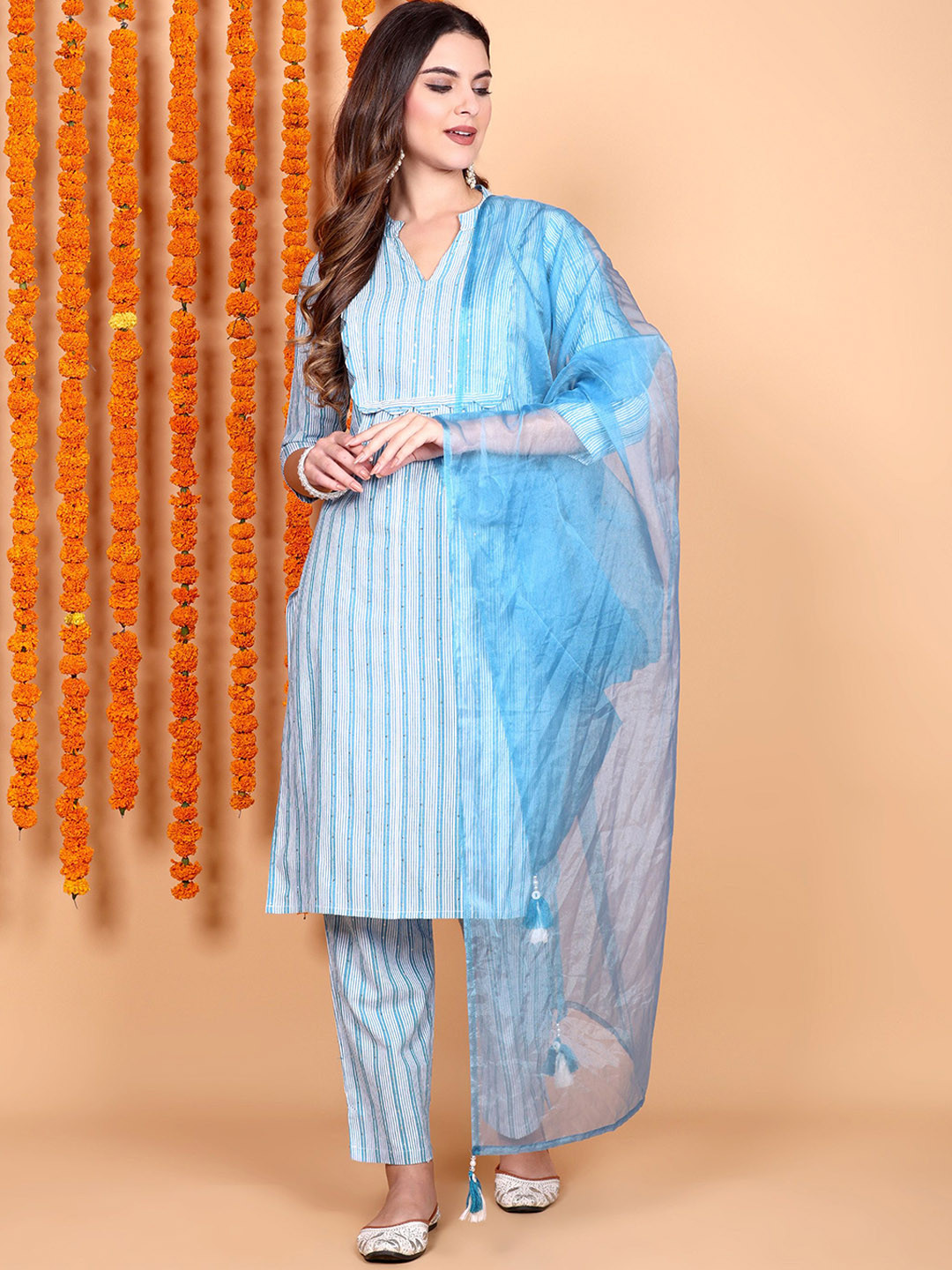 Buy Vastara The Label Striped Sequinned Organic Cotton Straight Kurta ...