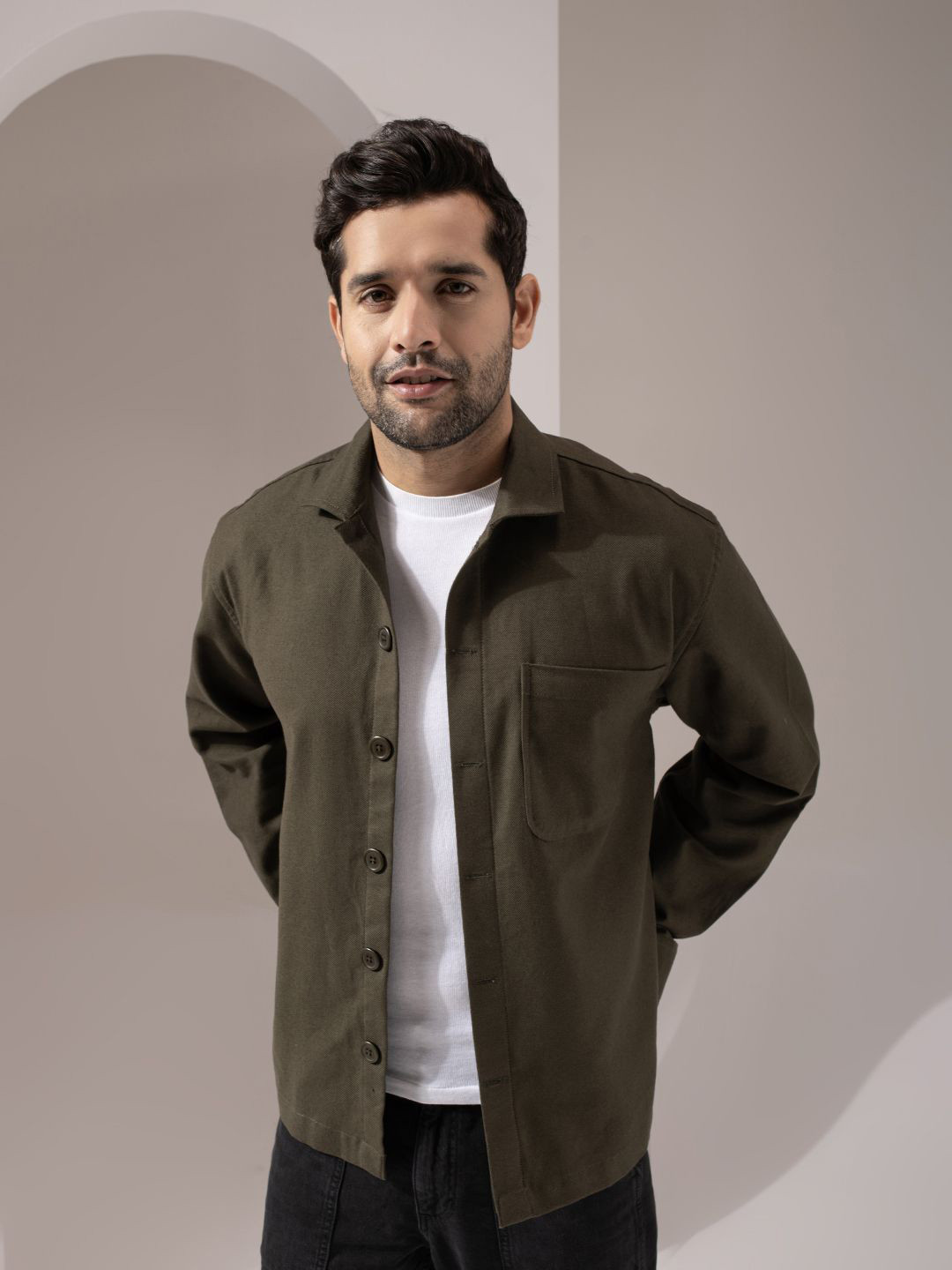 Buy Perch Men Olive Green Solid Two Pocket Shacket - Shirts for Men ...