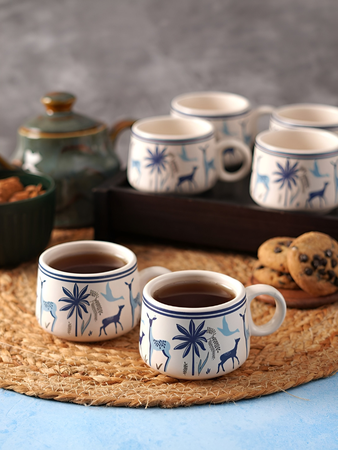 Buy Aura White & Blue 6 Pieces Printed Ceramic Glossy Cups Set Of Cups ...