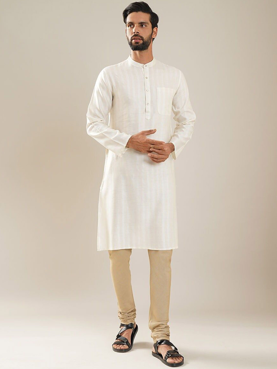 Buy JAYPORE Striped Woven Design Band Collar Neck Long Sleeves Straight ...