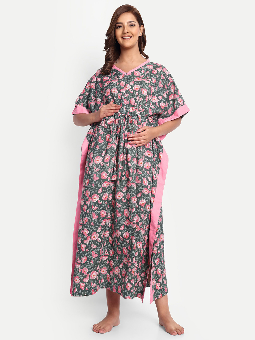 Buy THOTTIL Women Floral Printed Kimono Sleeve Maternity Cotton Kaftan ...