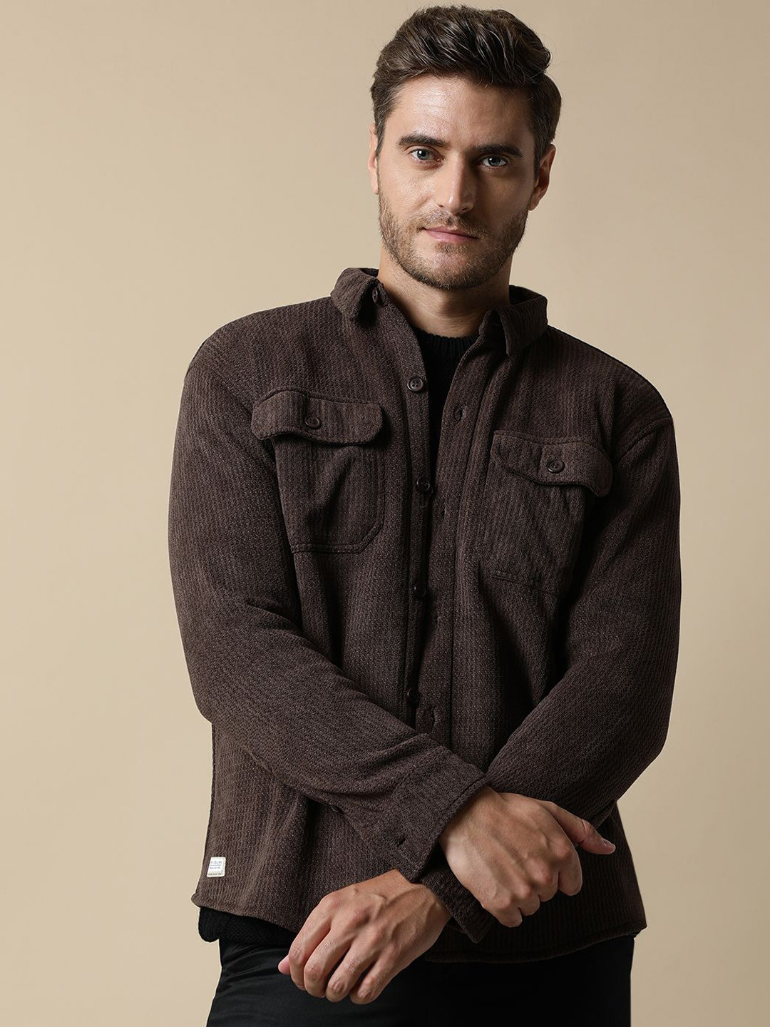 Buy Fort Collins Men Spread Collar Self Design Corduroy Casual Open ...