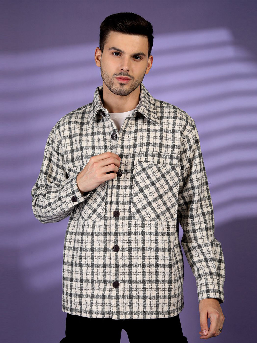 Buy CHKOKKO Men Checked Spread Collar Long Sleeve Shacket - Shackets ...