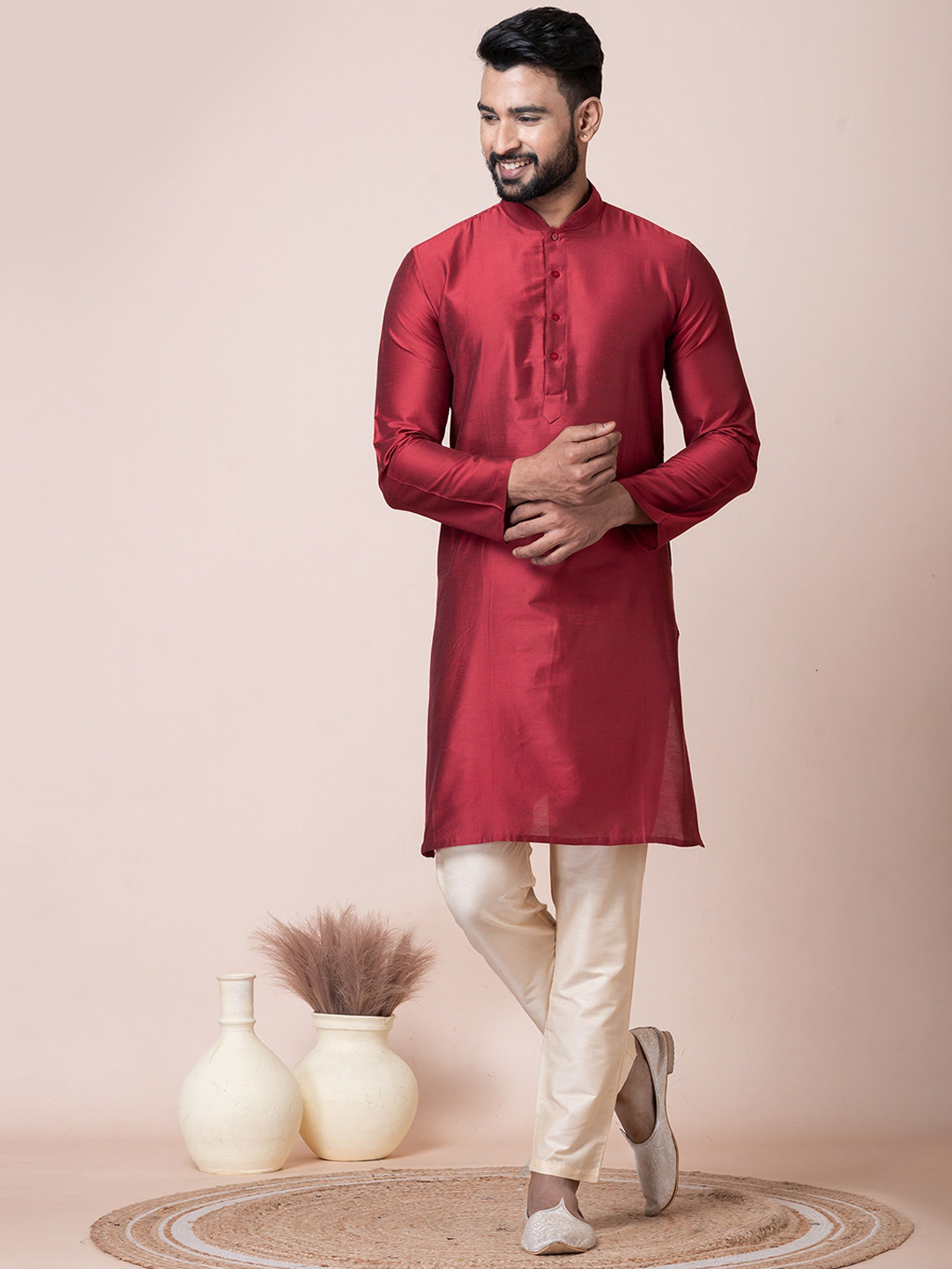 Buy HERE&NOW Maroon Mandarin Collar Long Sleeves Regular Straight Kurta ...