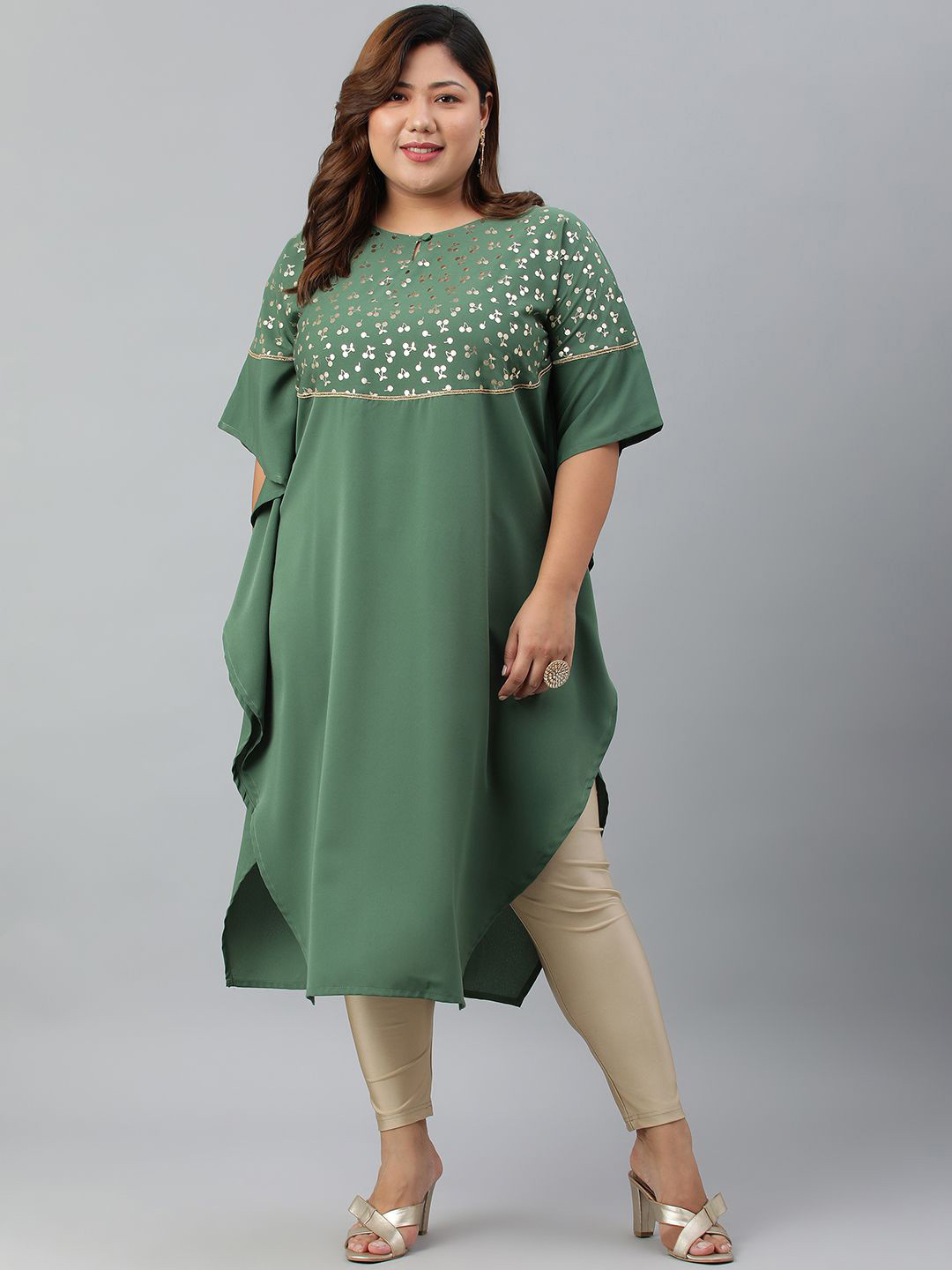 Buy KALINI Plus Size Floral Printed Keyhole Neck Crepe Straight Kurta ...