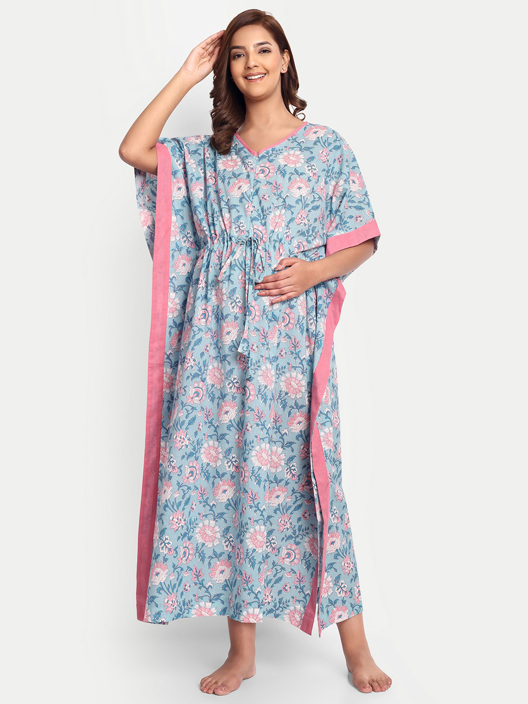 Buy THOTTIL Women Floral Printed Maternity Cotton Kaftan Maxi Dress ...