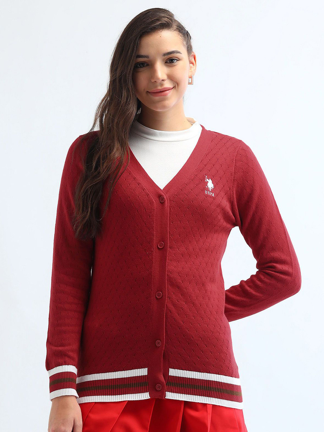 Buy U.S. Polo Assn. Women Cotton Self Design Button Closure Sweaters ...