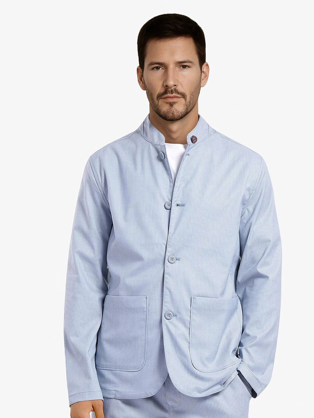 Buy RARE RABBIT Men Mandarin Collar Striped Casual Tailored Jacket ...