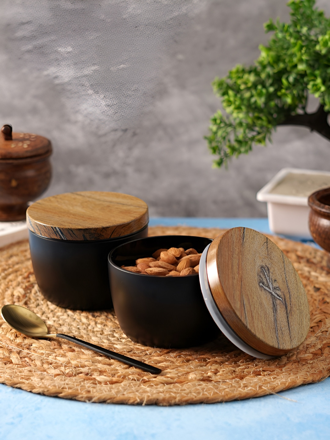 Buy Aura 2 Pcs Black & Brown 2 Pieces Glass Coated Serving Bowl With ...