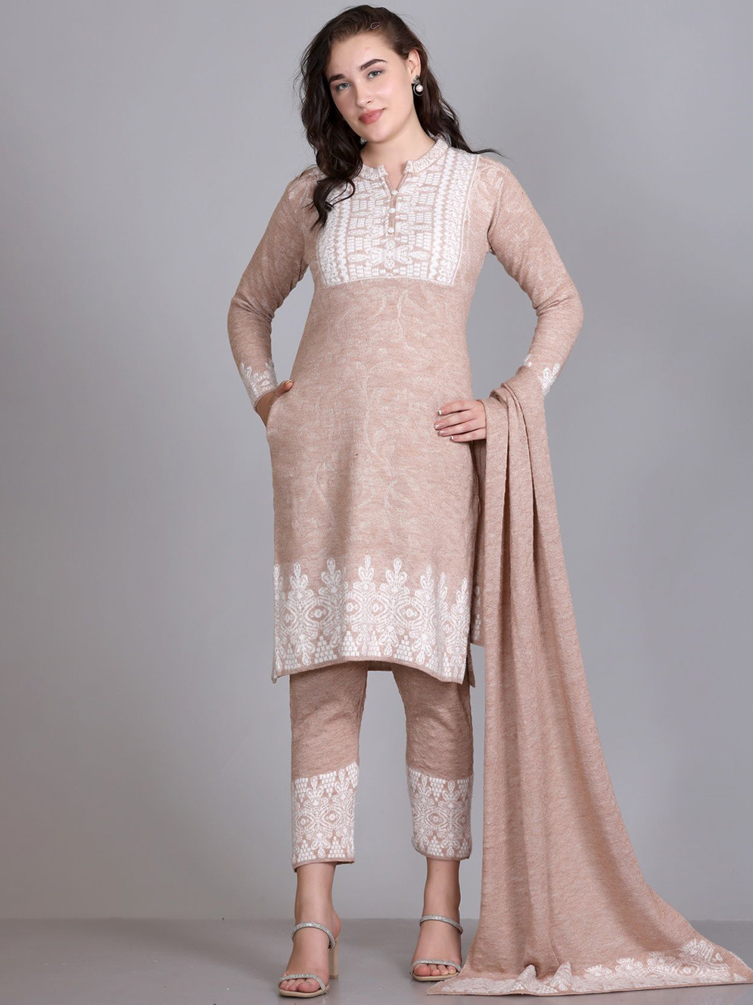 Buy MONTREX Floral Self Design Woolen Straight Kurta With Trousers ...