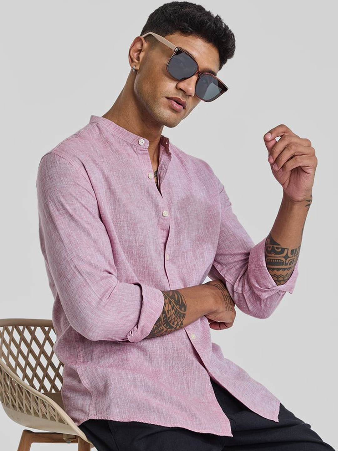 Buy Snitch Men Smart Band Collar Solid Linen Slim Fit Casual Shirt ...