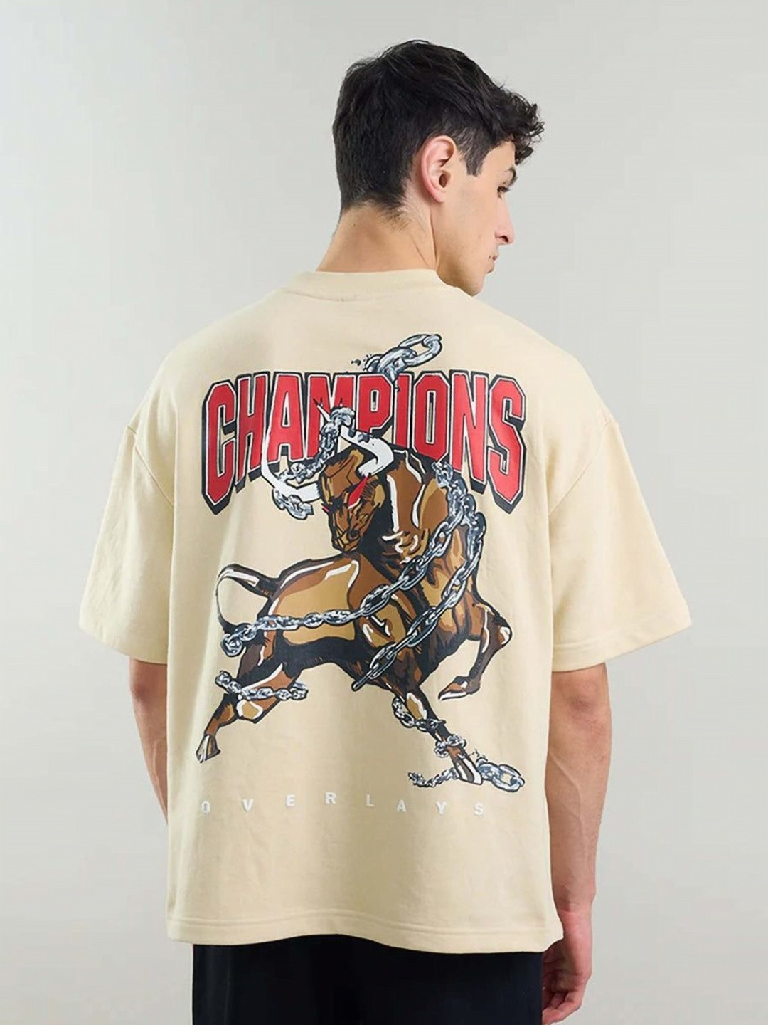 Buy Overlays Men Graphic Printed Round Neck Cotton Oversized T Shirt ...