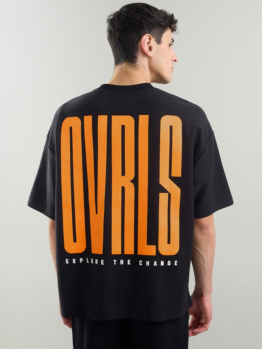 Buy Overlays Men Typography Printed Round Neck Cotton Oversized T Shirt ...