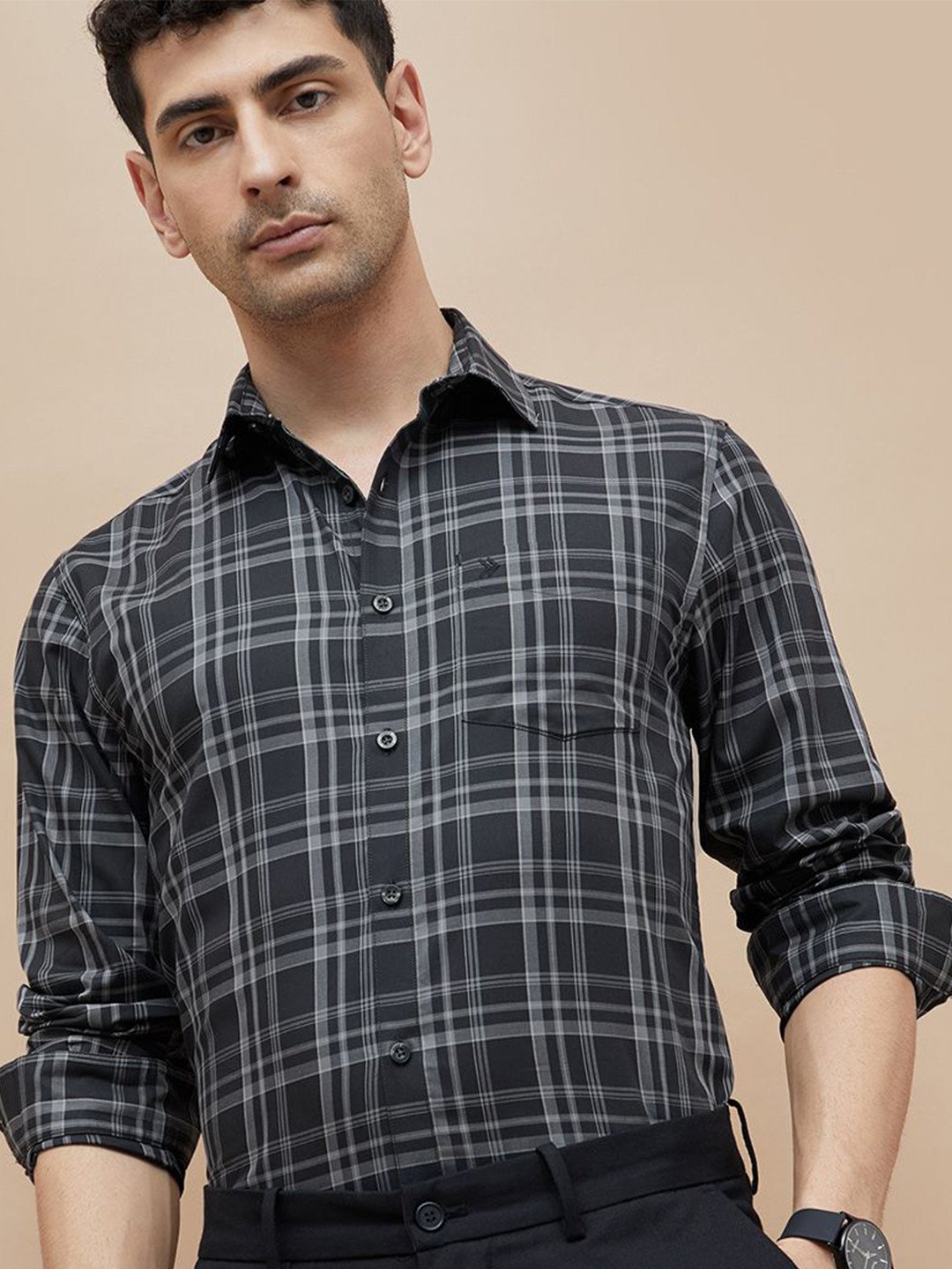 Buy CODE By Lifestyle Men Cutaway Collar Tartan Checked Cotton Formal ...