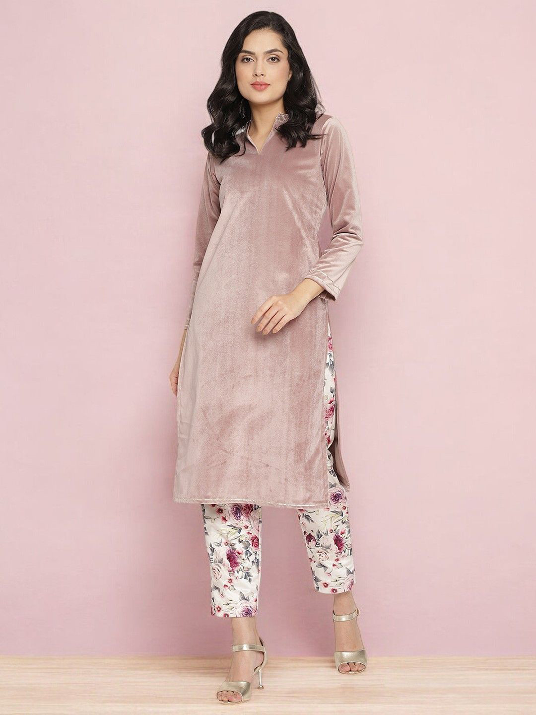 Buy Ahalyaa Rose Gold Mandarin Collar Gotta Patti Velvet Straight Kurta ...
