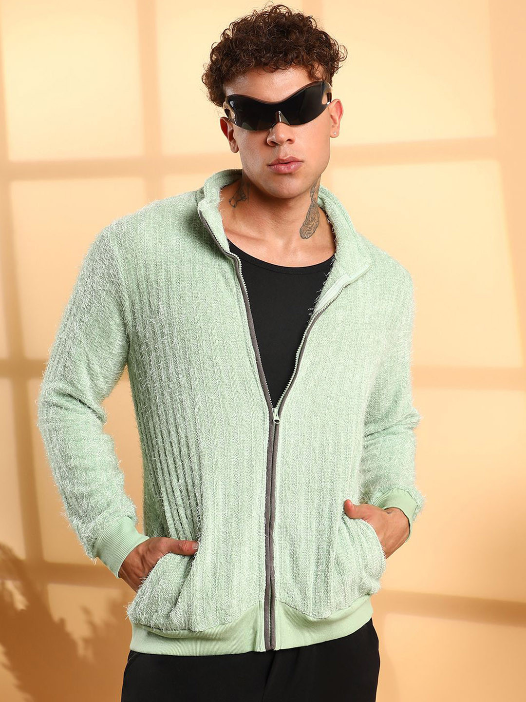 Buy Campus Sutra Men Mock Collar Self Design Cotton Casual Bomber ...