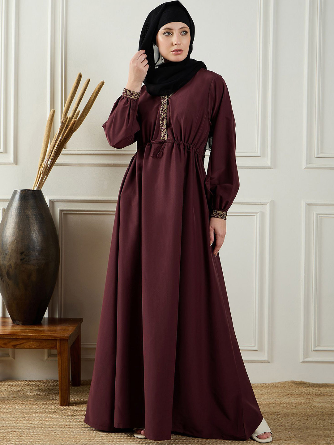 Buy NABIA Embroidered V Neck Maroon Abaya Burqa - Burqas for Women ...