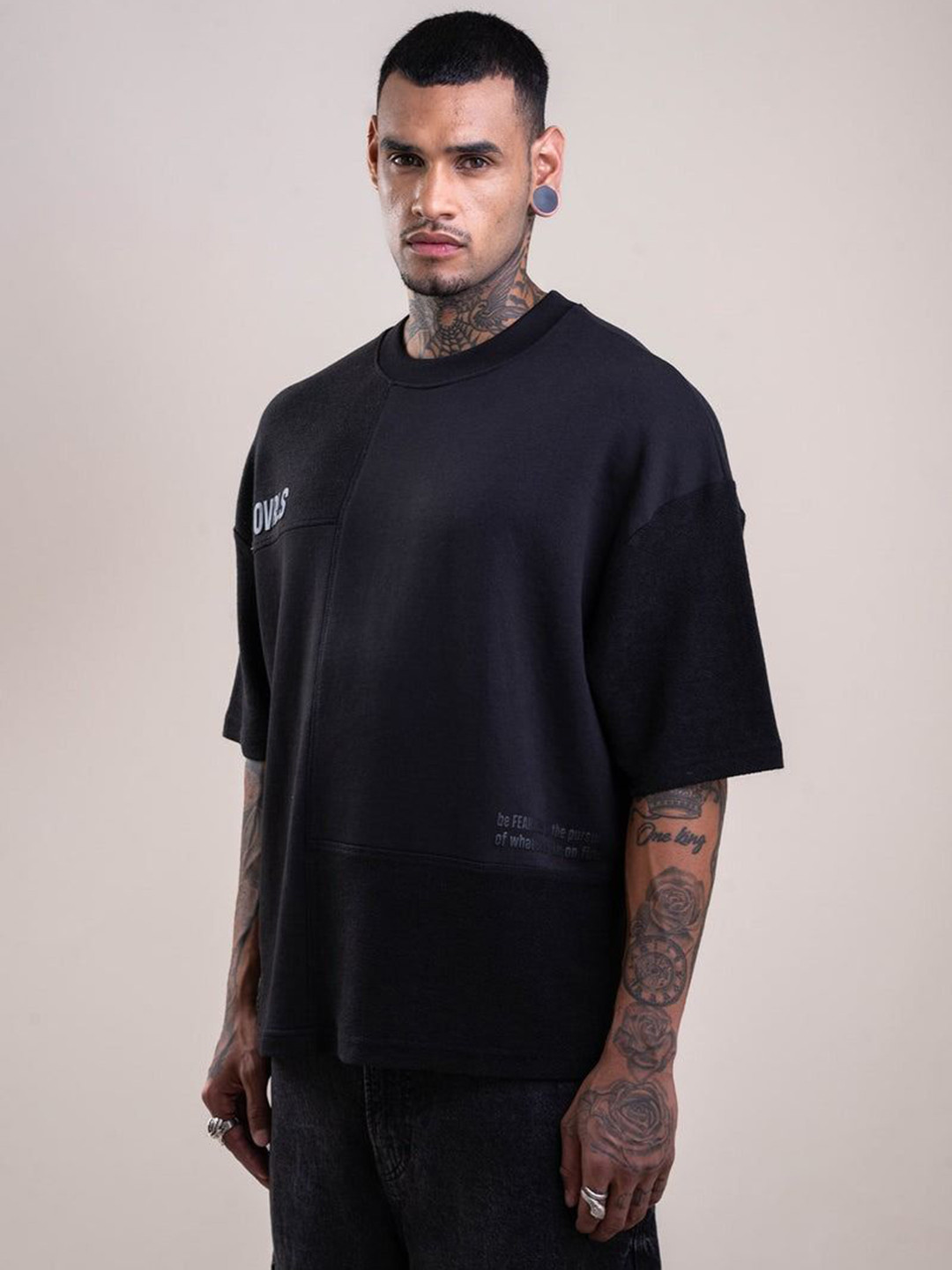 Buy Overlays Men Typography Printed Round Neck Cotton Oversized T Shirt ...