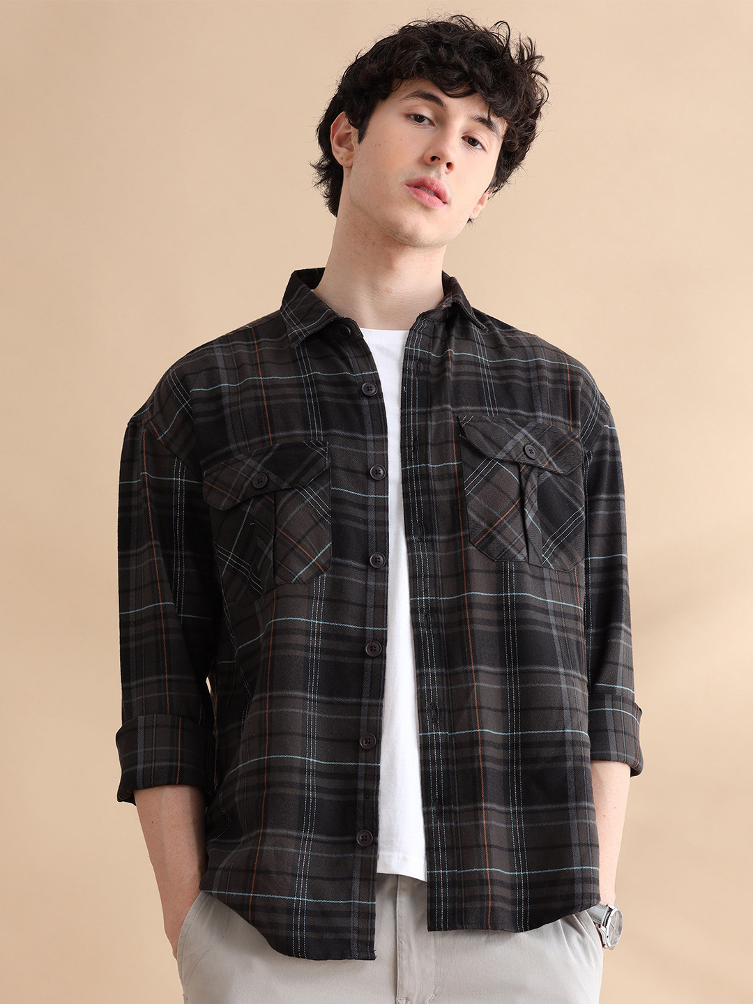 Buy Bushirt Checked Relaxed Oversized Fit Cotton Casual Shacket ...