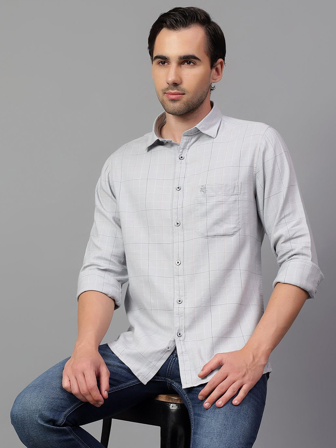 Buy Cantabil Men Spread Collar Windowpane Checked Cotton Slim Fit ...