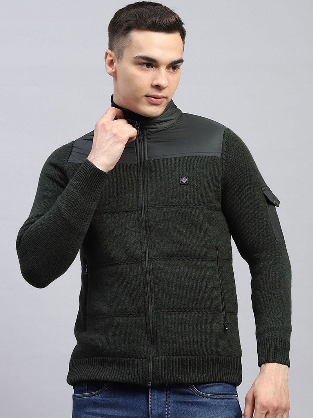 Buy Monte Carlo Men Mock Collar Self Design Wool Casual Padded Jacket ...