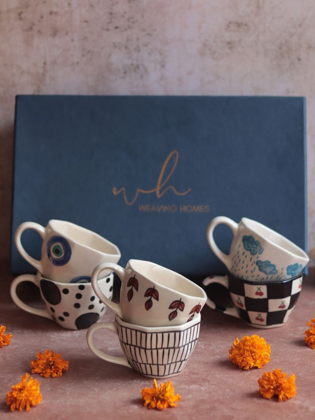 Buy WEAVING HOMES White & Blue 6 Pieces Printed Ceramic Cup Home Gift ...