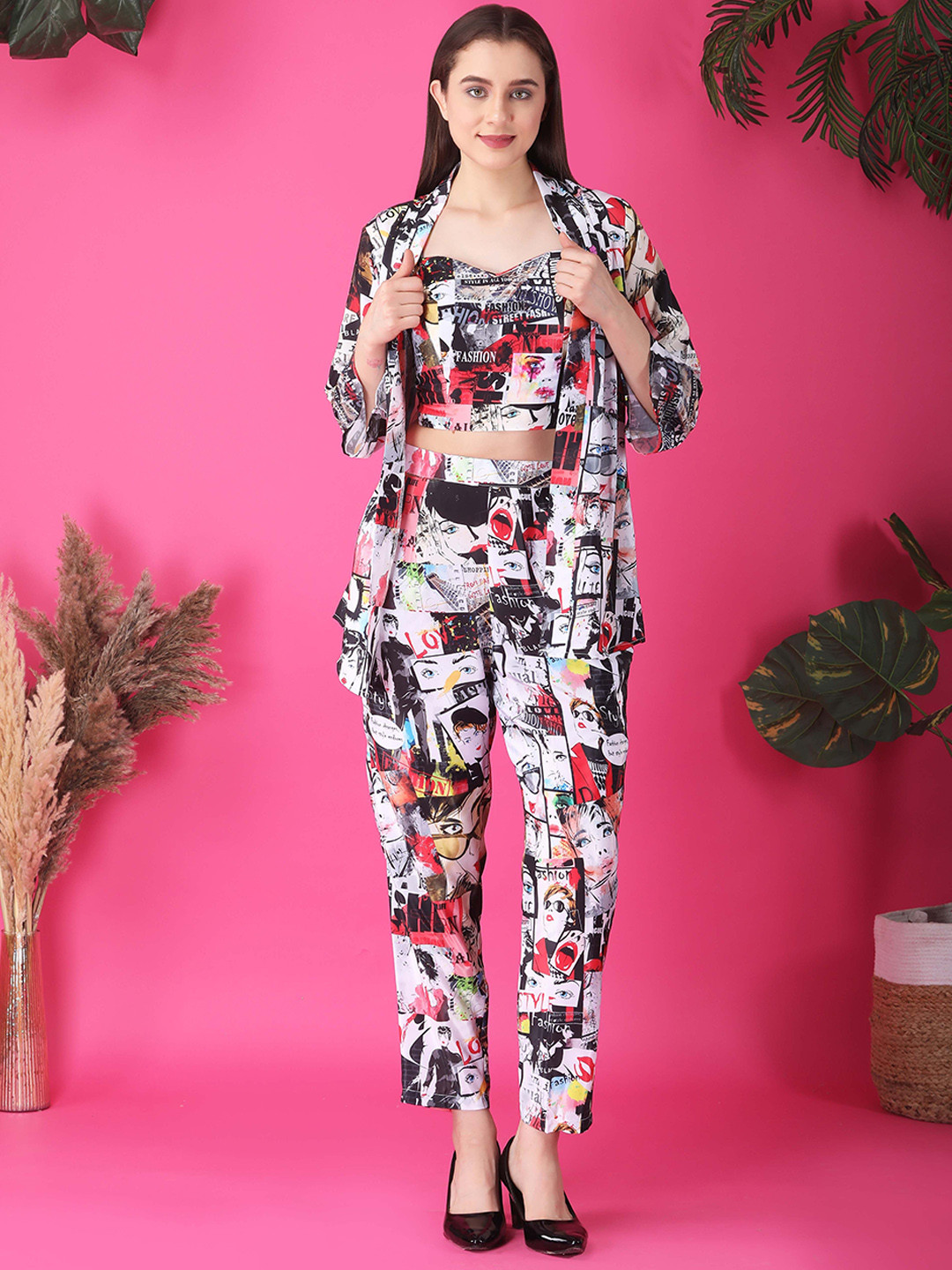 Buy KWEEN Printed Shoulder Straps Sleeveless Top With Trouser & Shrug ...