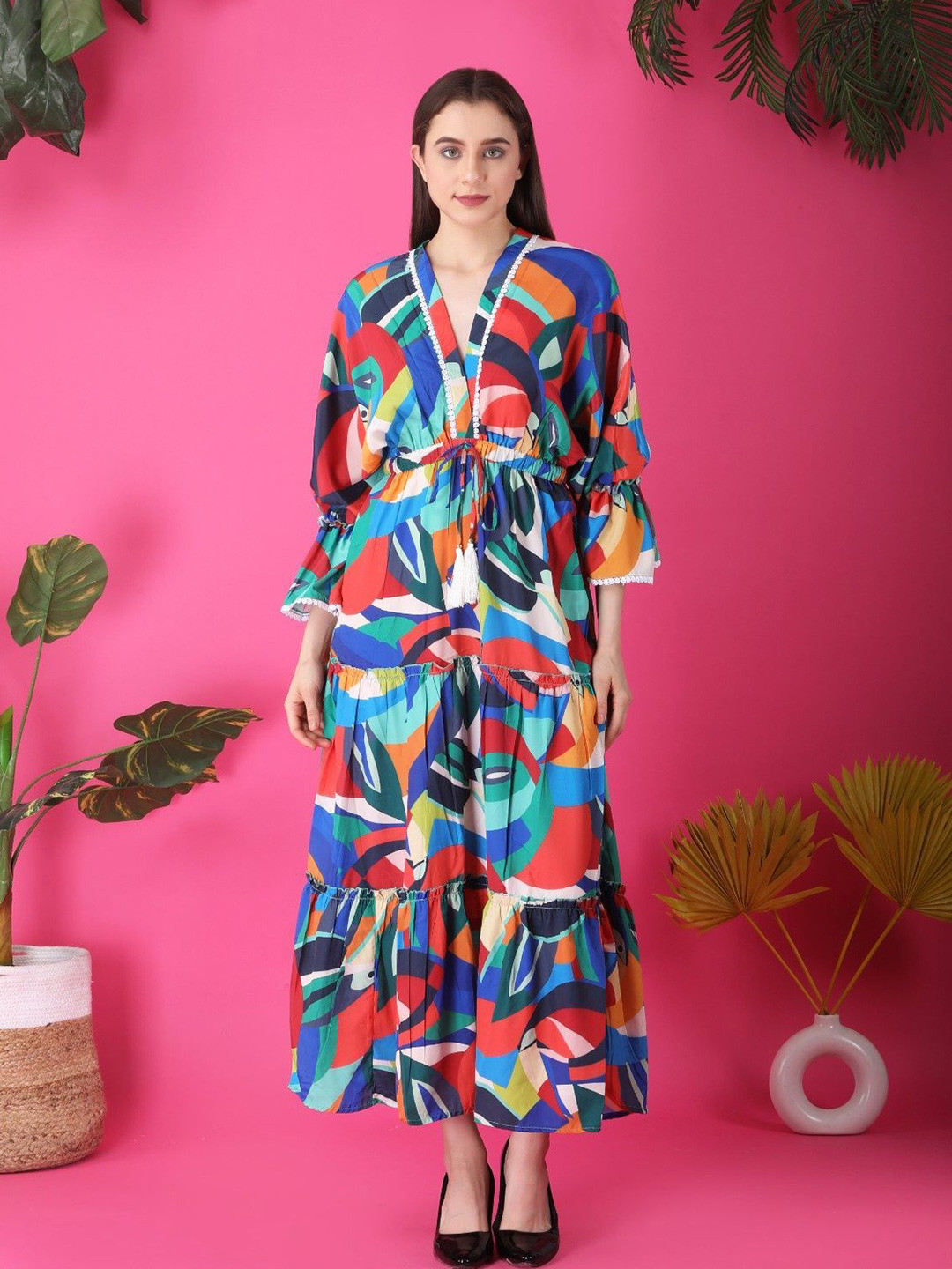 Buy KWEEN Women Abstract Printed Lace Up Tiered Dress - Dresses for ...