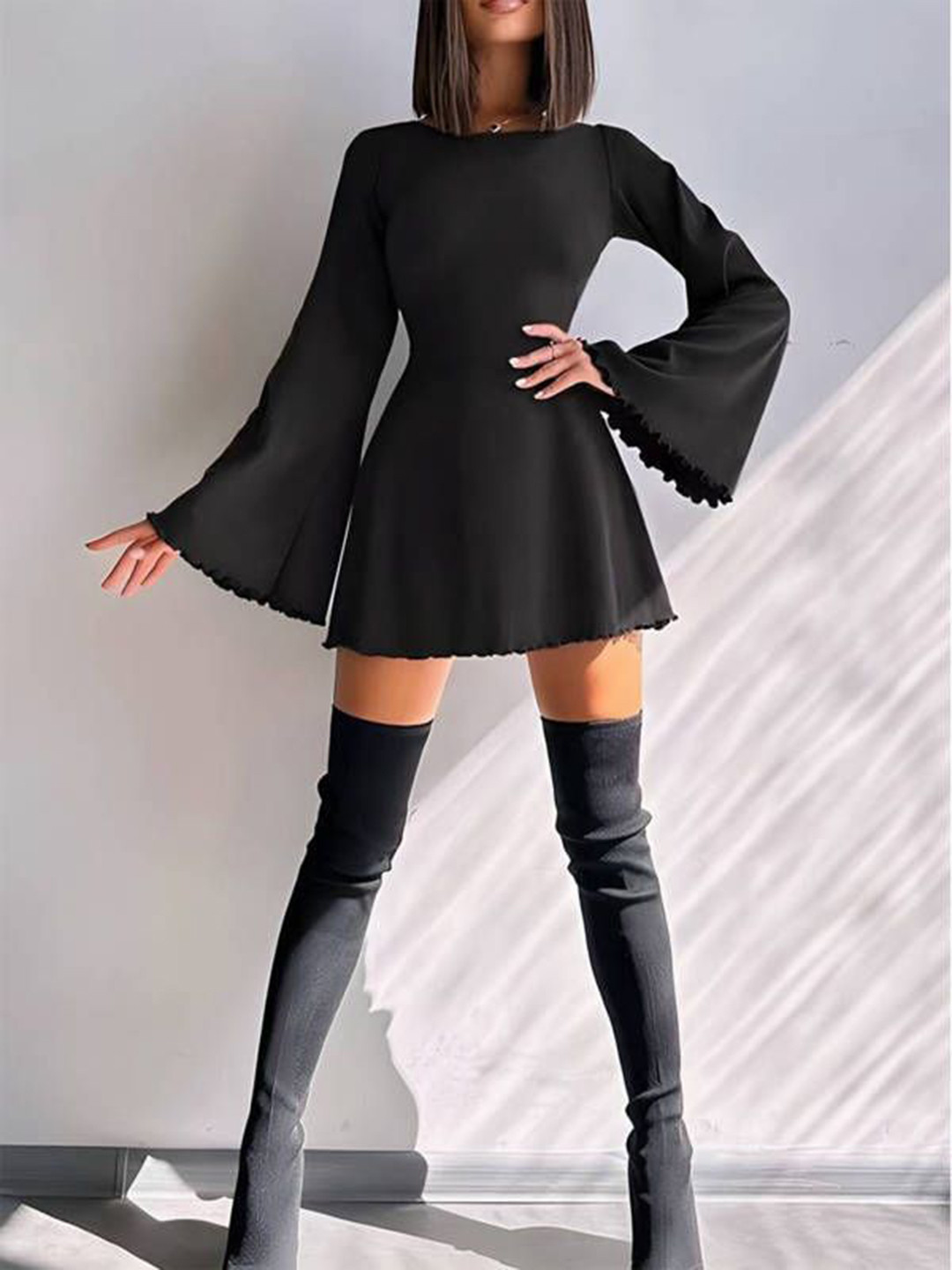 Buy HERE&NOW Solid Round Neck Bell Sleeves A Line Mini Dress - Dresses ...