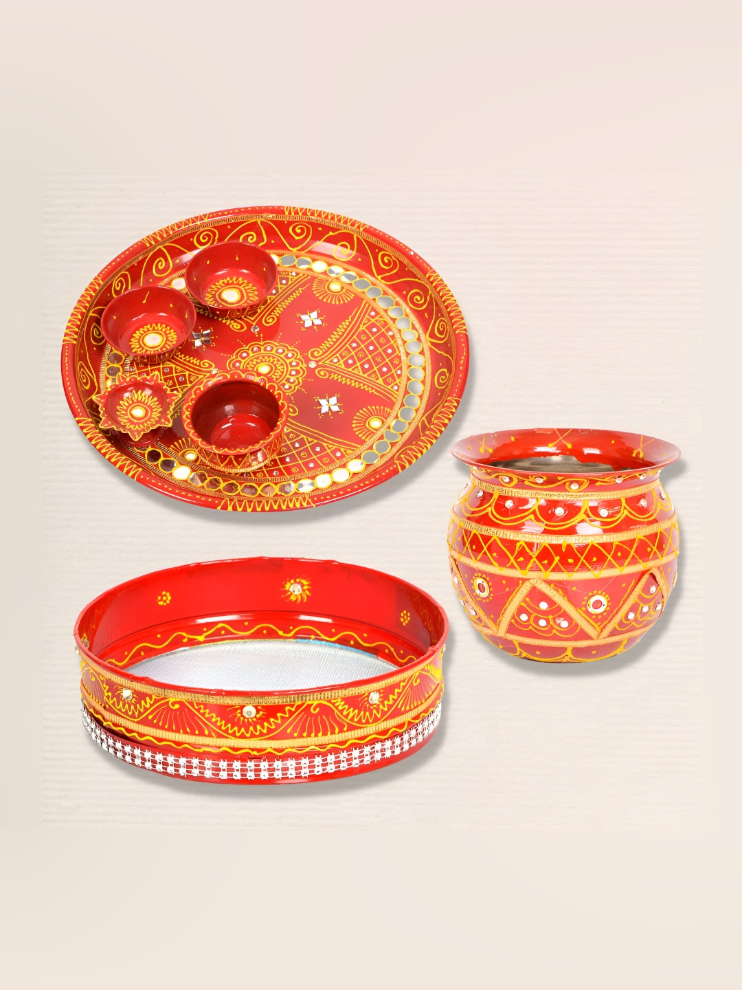 Buy BAISA 6 Pieces Red & Yellow Karwa Chauth Set - Pooja Essentials for ...
