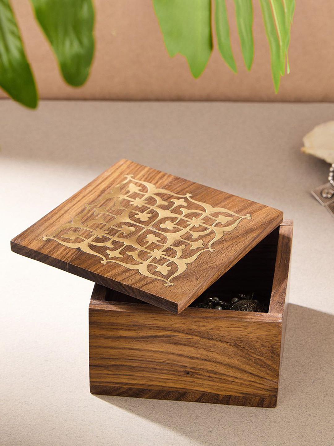 Buy Fabindia Brown & Gold Toned Brass Textured Wooden Utility Box - Box ...