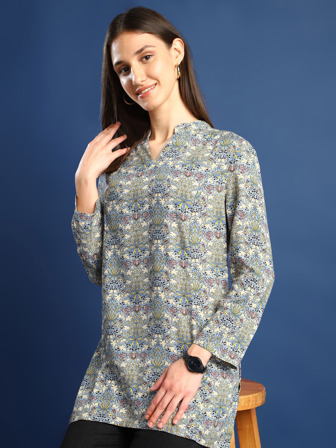 Buy Hancock Women Floral Printed Mandarin Collar Longline Tunic - Tops ...