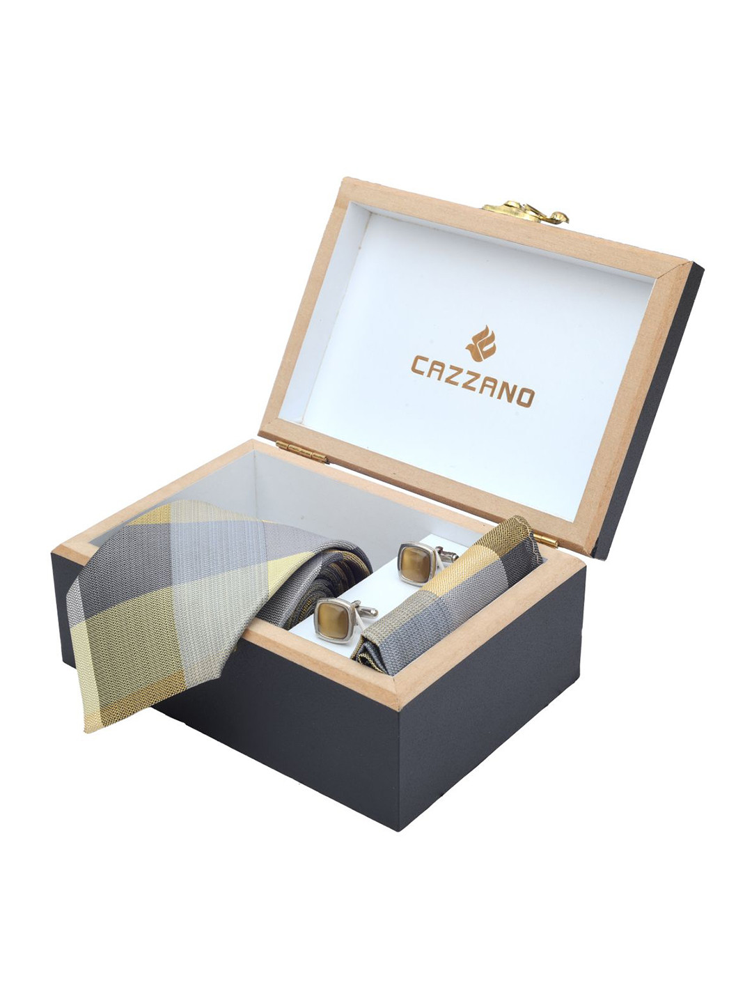 Buy Cazzano Men Checked Printed Tie Cufflinks & Pocket Square Accessory ...