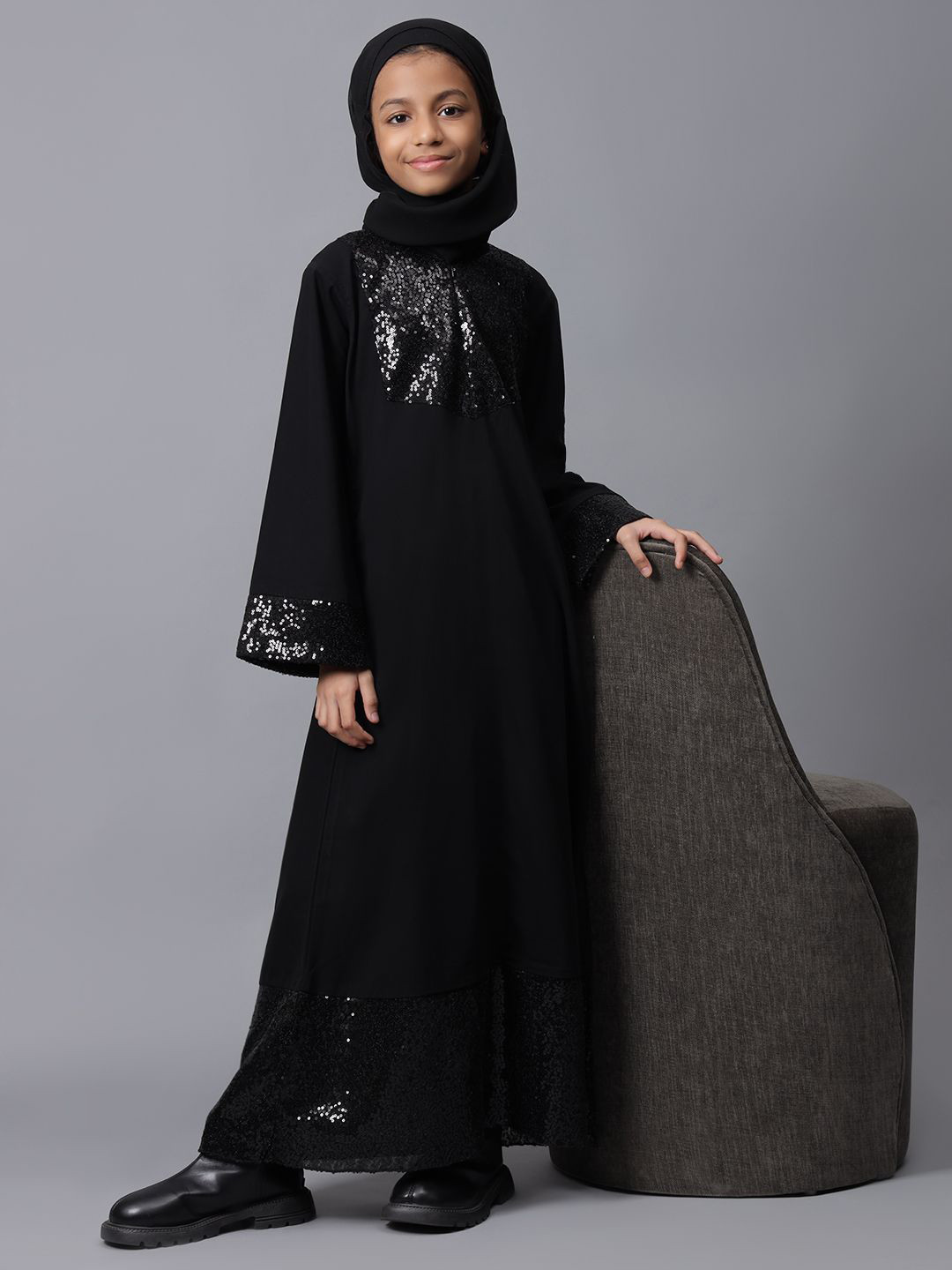 Buy NABIA Girls Sequin Detailing Solid Black Abaya Burqa - Burqas for ...