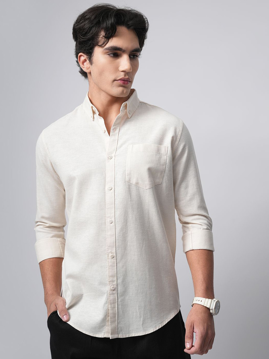 Buy British Club Men Standard Button Down Collar Solid Cotton Casual ...