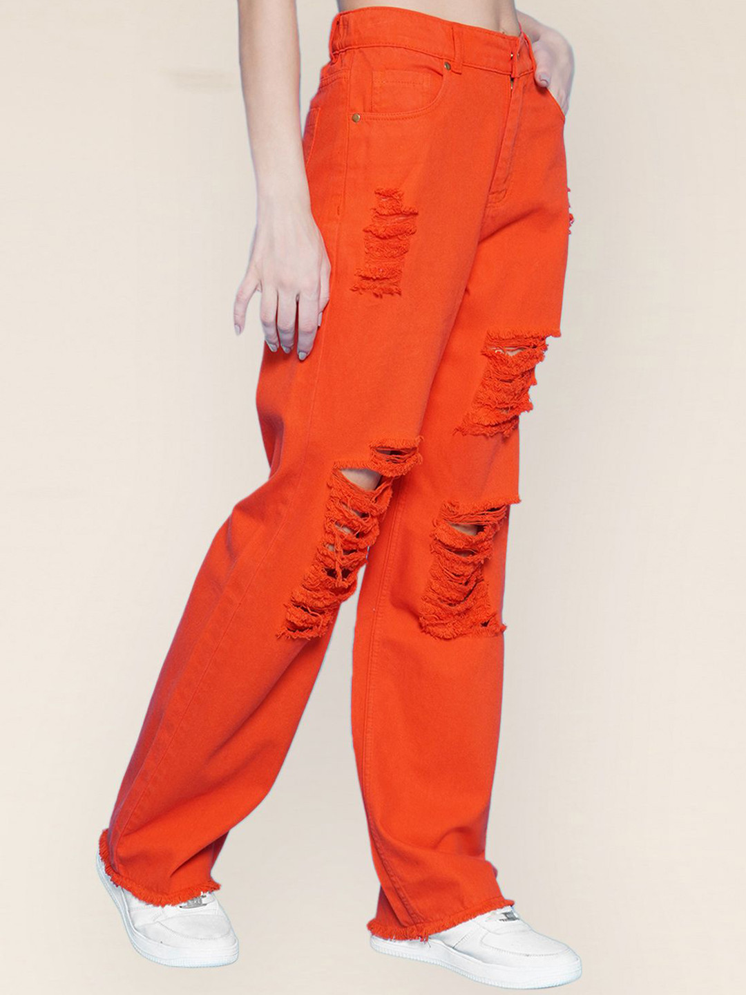 Buy KATLINE Women Straight Solid Fit Highly Distressed Jeans - Jeans ...