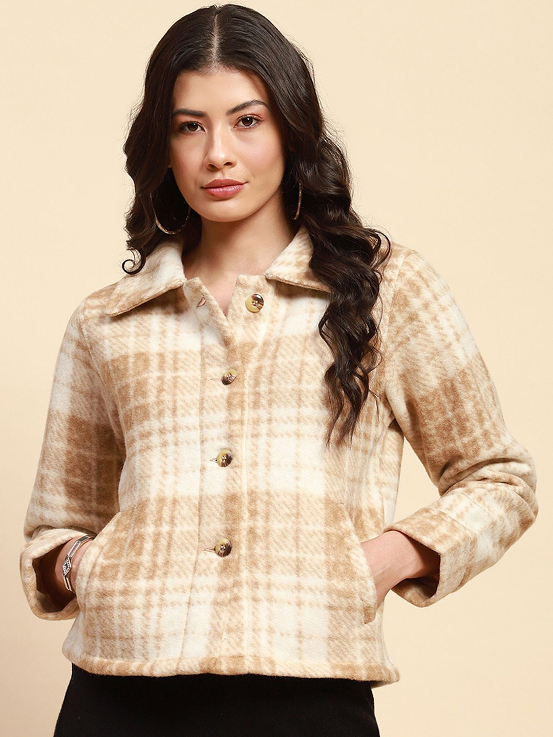 Buy Global Republic Women Checked Lightweight Crop Tailored Jacket With ...