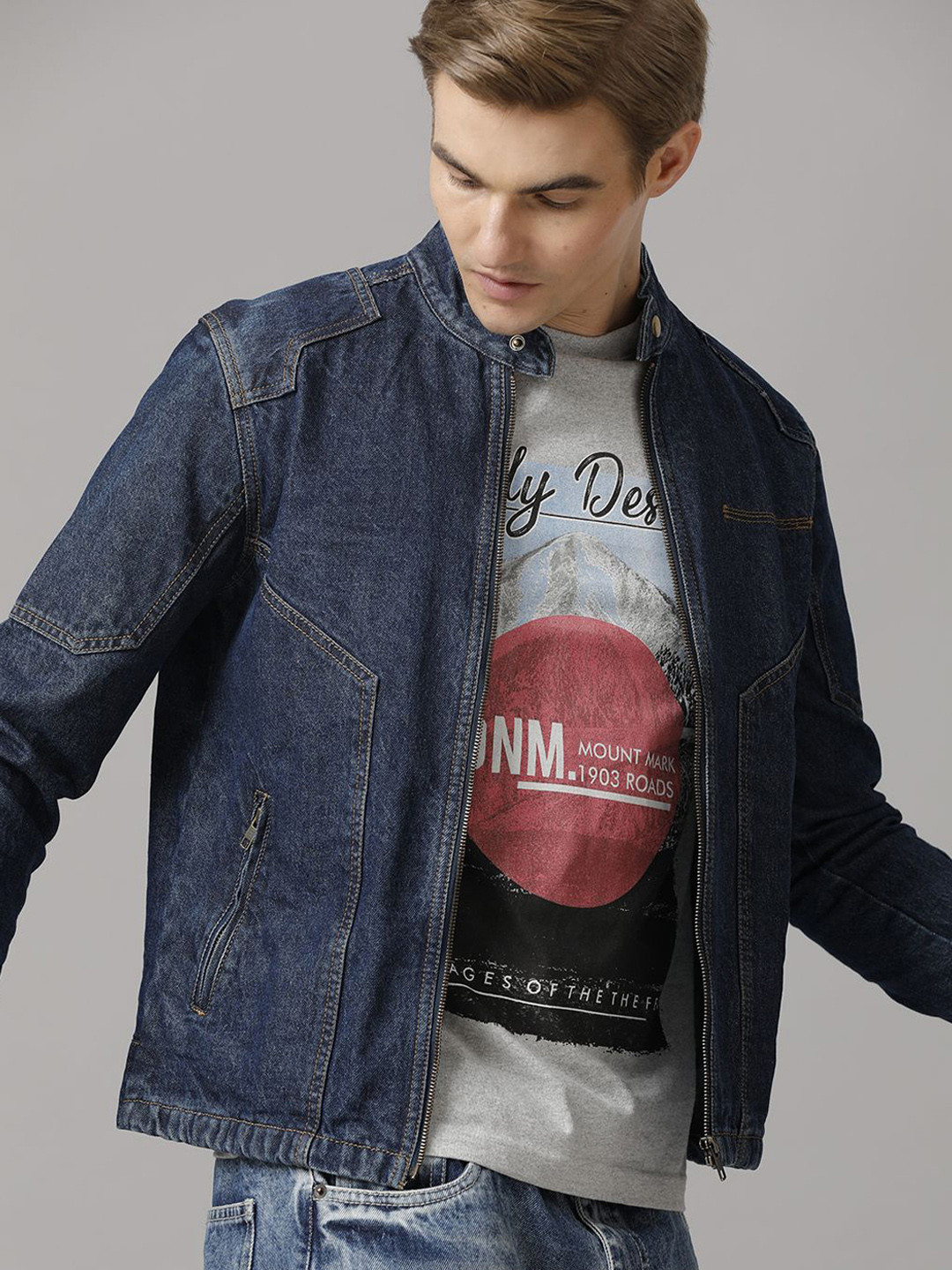 Buy TEMPLE OF DENIM Men Mandarin Collar Asymmetric Closure Biker Jacket ...