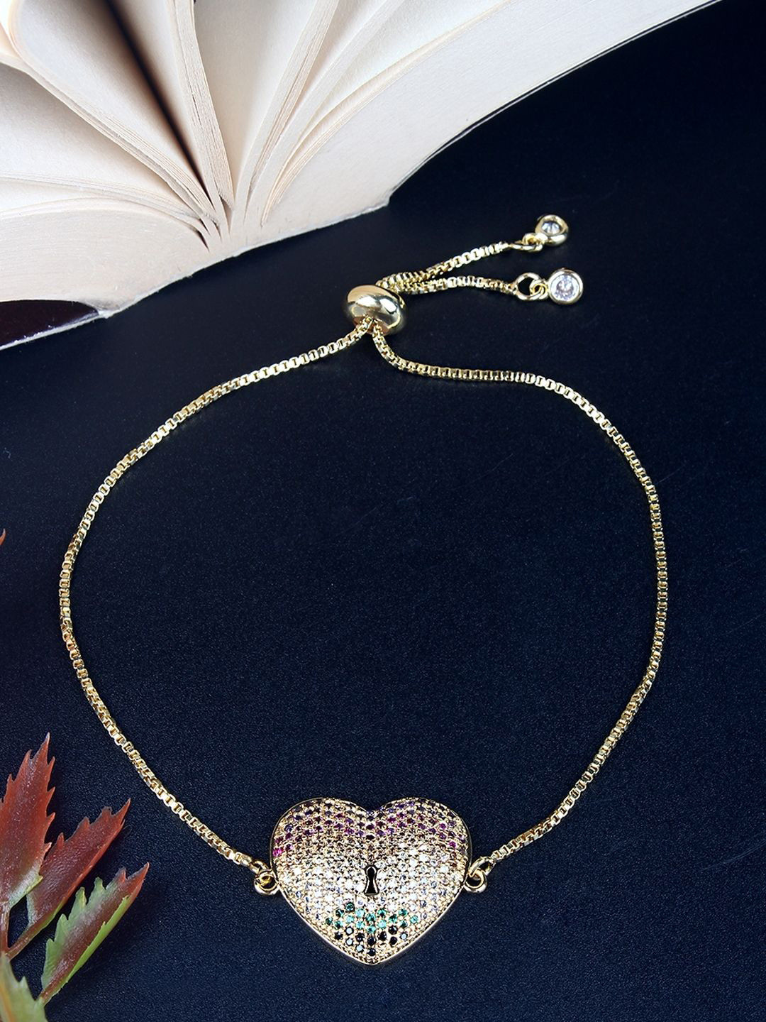 Buy KPOP Gold Plated Cubic Zirconia Studded Heart Shaped Charm Bracelet ...