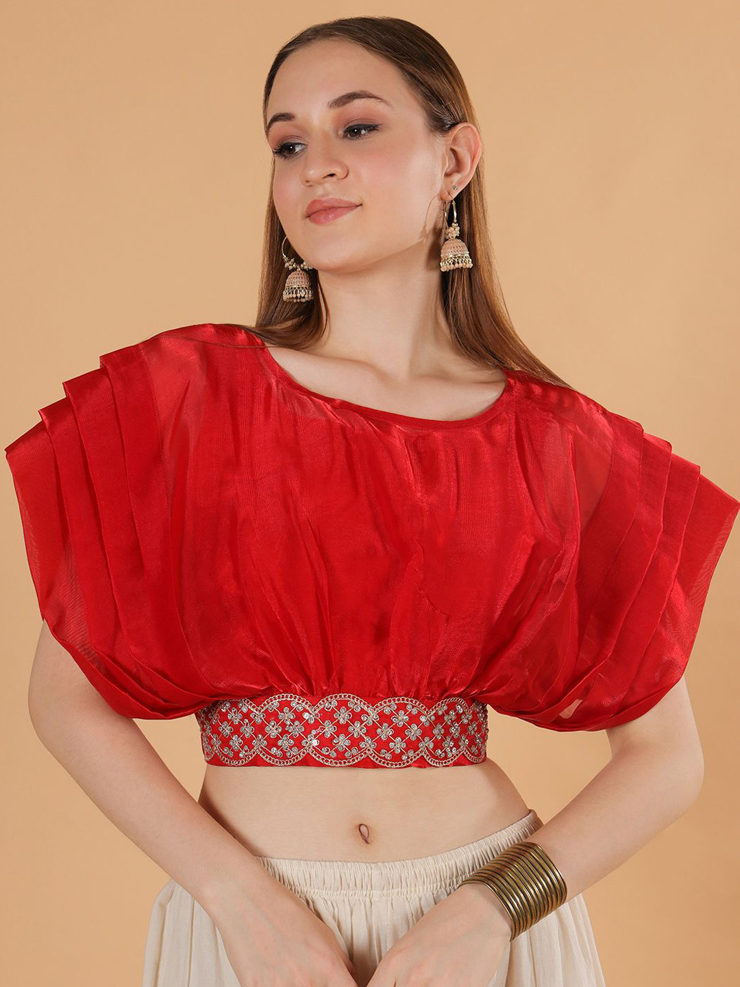 Buy Frolic Rolic Solid Organza Round Neck Embellished Belt Saree Blouse ...