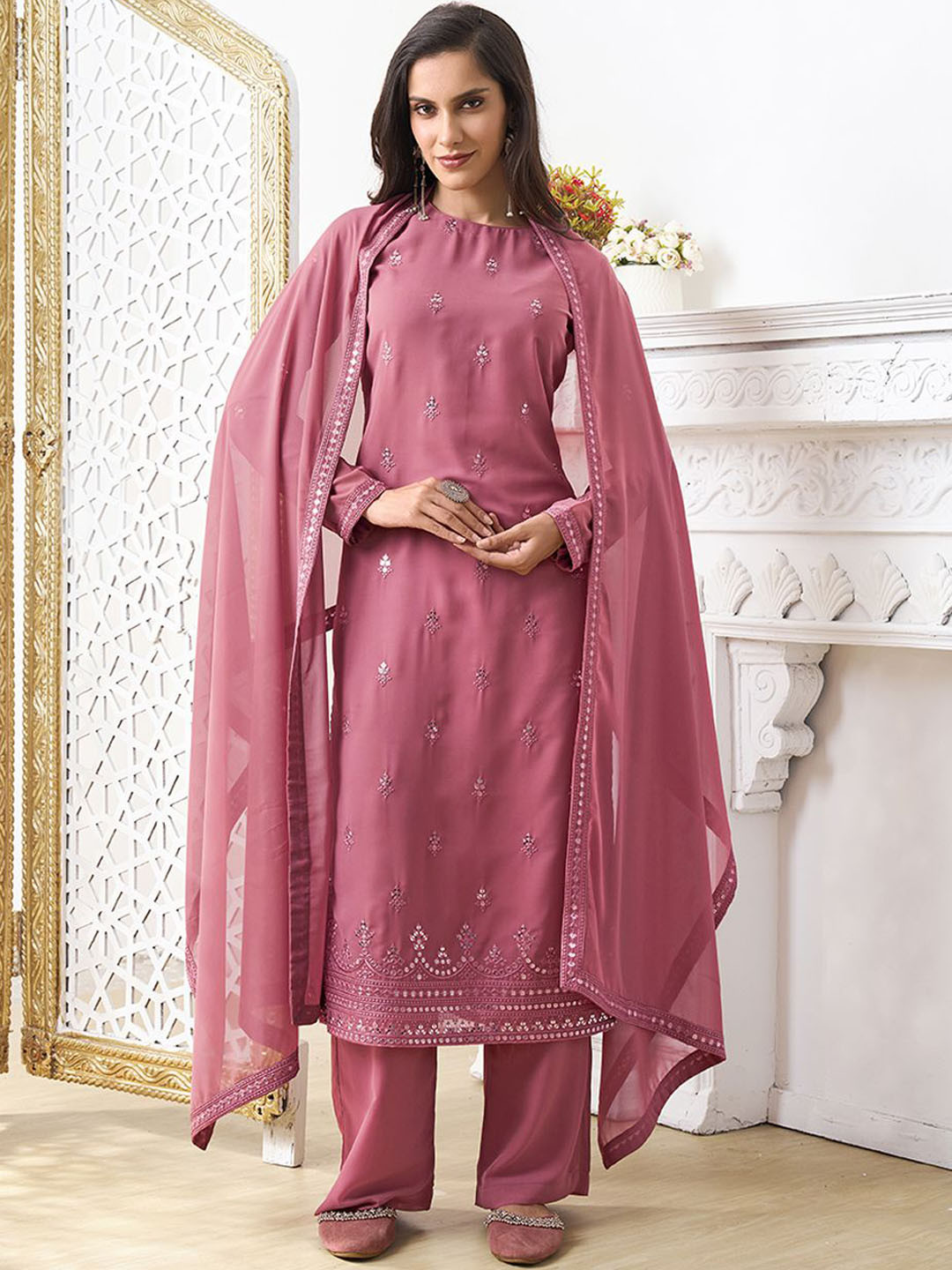 Buy Inddus Women Ethnic Motifs Embroidered Regular Sequinned Kurta With ...